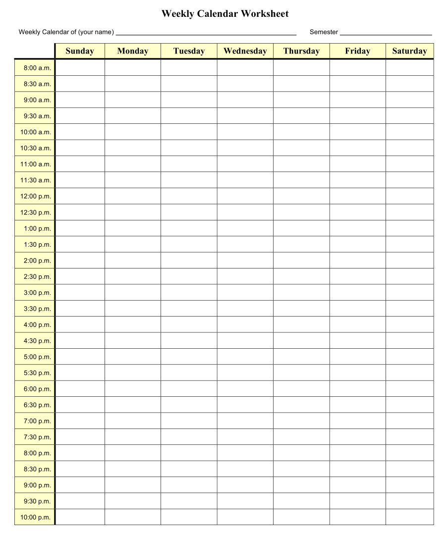 Printable Weekly Schedule With Time Slots Free Printable Templates